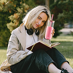 Klickpick Home 20 Ounce Glass Tumblers With Non Slip Silicone Sleeve And 3 Straws And 2 Wooden Fit Lid For Each Glass Water Bottle Tumbler BPA Free (Pink)