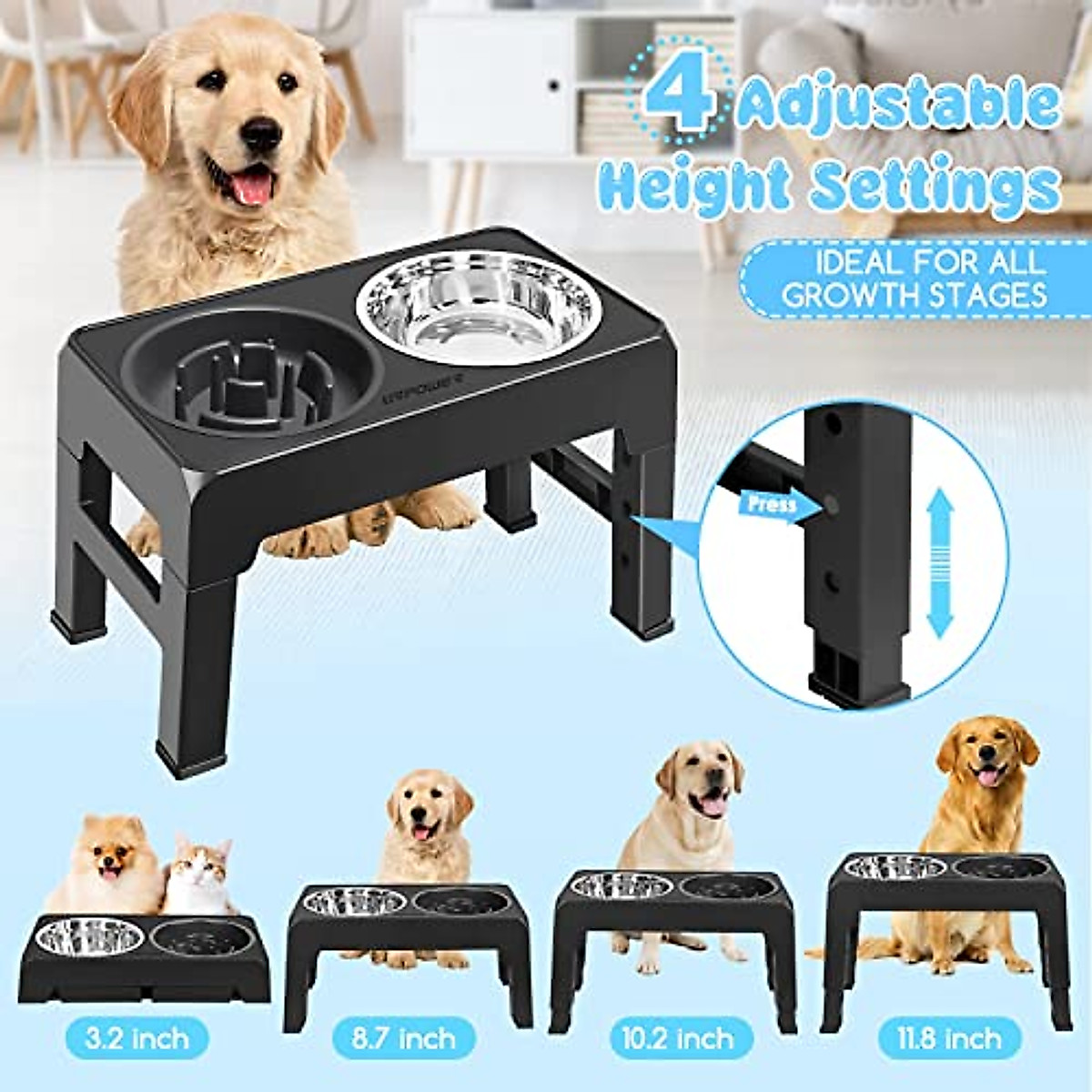 URPOWER Raised Slow Feeder Dog Bowls 4 Height Adjustable Elevated with Stainless Steel Water Bowl and Non-Slip Food Stand for Small Medium Large Dogs Pets