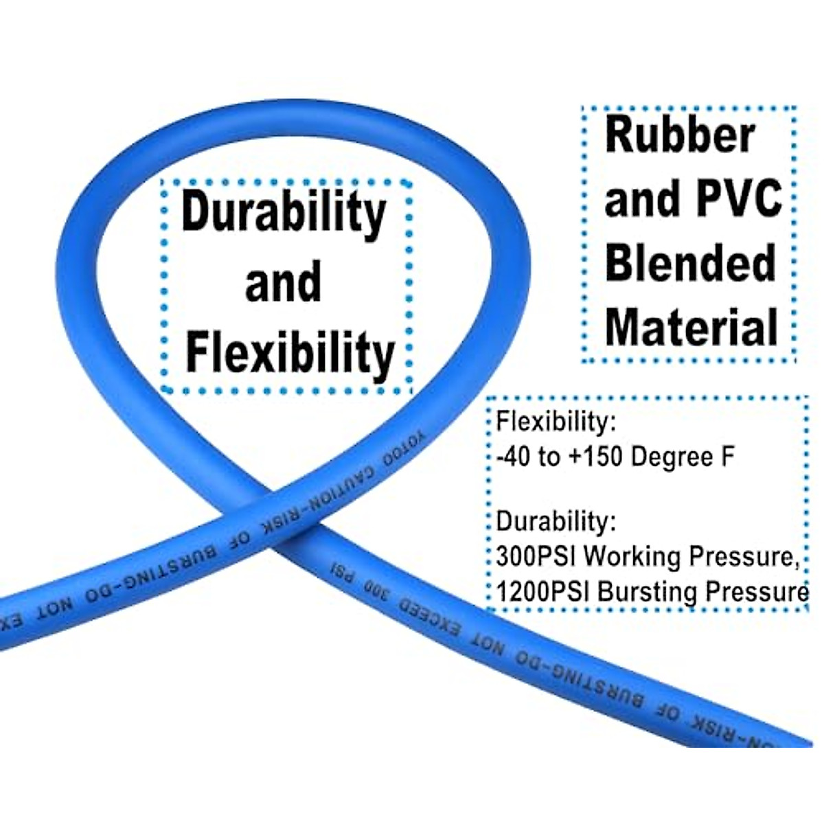 YOTOO Hybrid Lead-In Air Hose, 1/4"x10' Air Compressor Hose, 300 PSI, Heavy Duty, Lightweight, Kink Resistant, All-Weather Flexibility with 1/4-Inch Industrial Air Fittings and Bend Restrictors, Blue