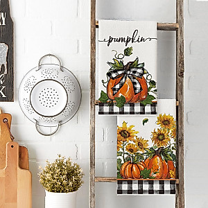 Artoid Mode Buffalo Plaid Bowknot Pumpkin Fall Kitchen Towels Dish Towels, 18x26 Inch Farmhouse Sunflower Thanksgiving Decoration Hand Towels Set of 2