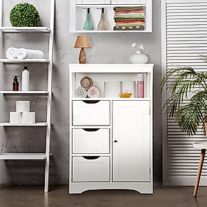 SUPER DEAL Modern Bathroom Floor Storage Cabinet with 3 Drawers and Adjustable Shelf, Living Room Modern Home Furniture Storage Organizer Cabinet, White