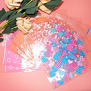 HADDIY Valentine Small Cellophane Candy Bags,200 Pcs Heart Self Adhesive Clear Cookie Treat Bags for Kids Valentines Day Party Favor and Sweet Packing-Pink