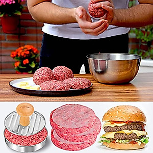 Mepple Burger Press with Non-Stick 100 Patty Papers, Hamburger Press Patty Maker with Wooden Handle, Burger Mold for Hamburger Meat Veggie BBQ, Barbecue Grilling Accessories and Kitchen Tool, 5” Dia
