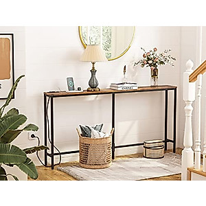 SUPERJARE Console Table with Outlet, 63 Inch Sofa Table with Charging Station, Narrow Entryway Table, Skinny Hallway Table, Behind Couch Table, for Living Room, Plants - Rustic Brown