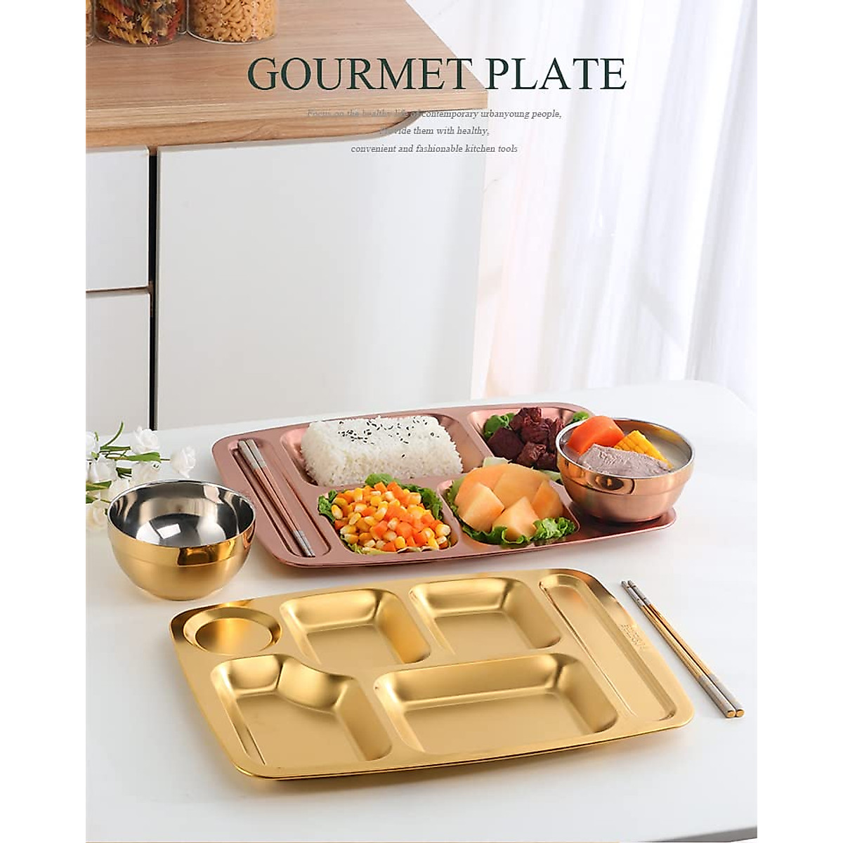 QOBIMOON 18/8 Stainless Steel Divided Plate, Food Trays 4 Section Dinner Plate with Bowl, Chosticks and Spoon, Camping Dishes, Adult Lunch and Dinner-Rainbow Color