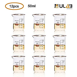 ULAB Scientific Glass Beakers Shot Glass, Vol. 50ml, 3.3 Borosilicate Griffin Low Form with Printed Graduation, Pack of 12, UBG1013