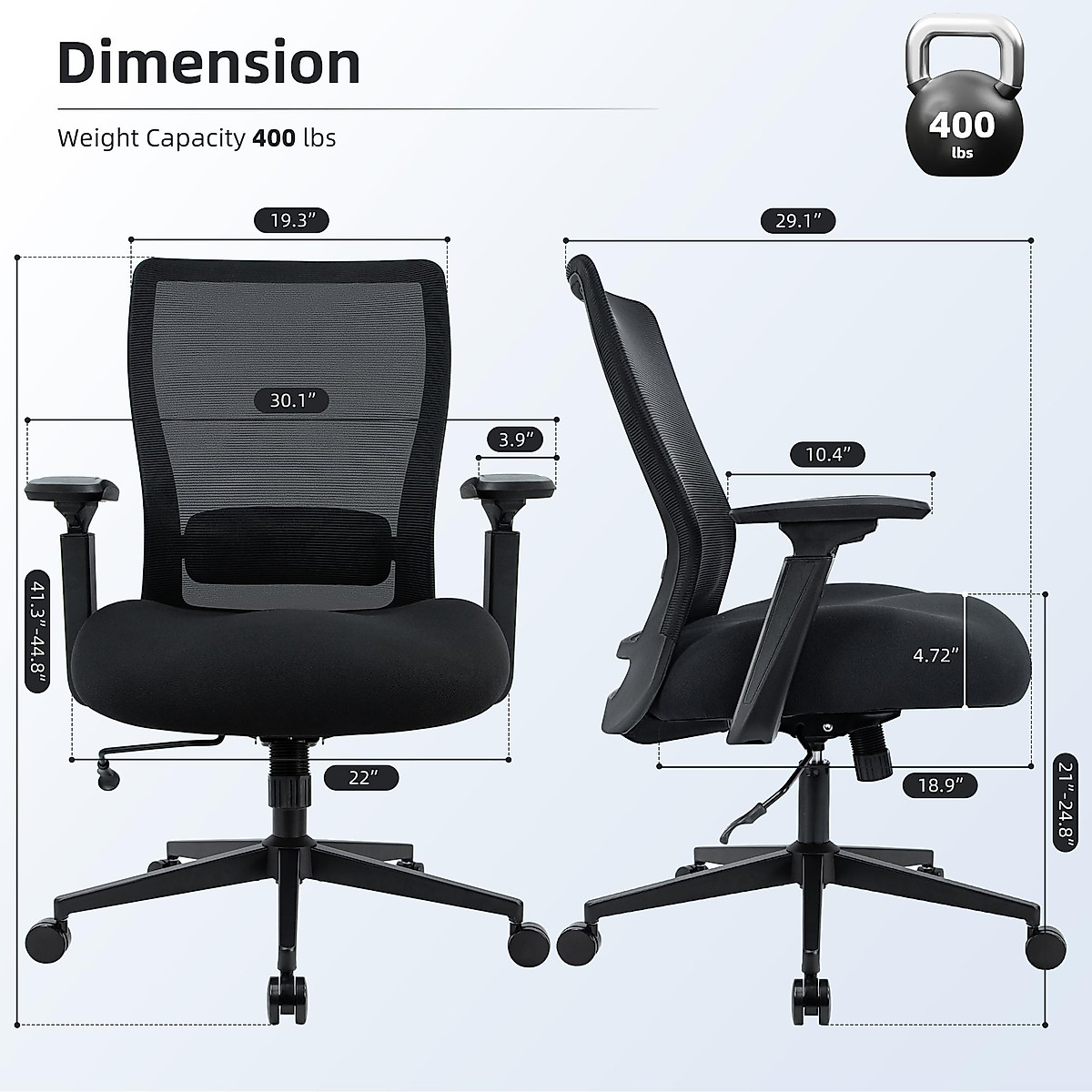 Big and Tall Office Chair 400lbs Heavy Duty Computer Chair, Wide Seat Desk Chair Ergonomic Mesh Chair, 4D Armrest Metal Base Thick Padded Seat Cushion, Adjustable Plus Size Rolling Chair