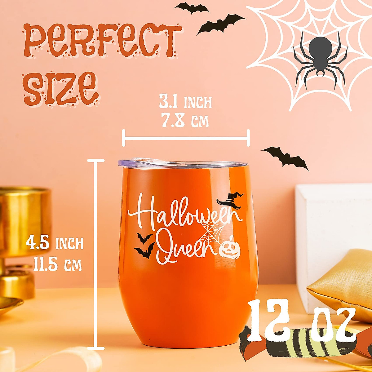 Halloween Decorations Gifts for Women Teens Adults, 12oz Pumpkin Inspired Stemless Wine Water Tumbler, Funny Gifts for Halloween Lovers or Party's Hostess, Halloween Party Supplies - Halloween Queen