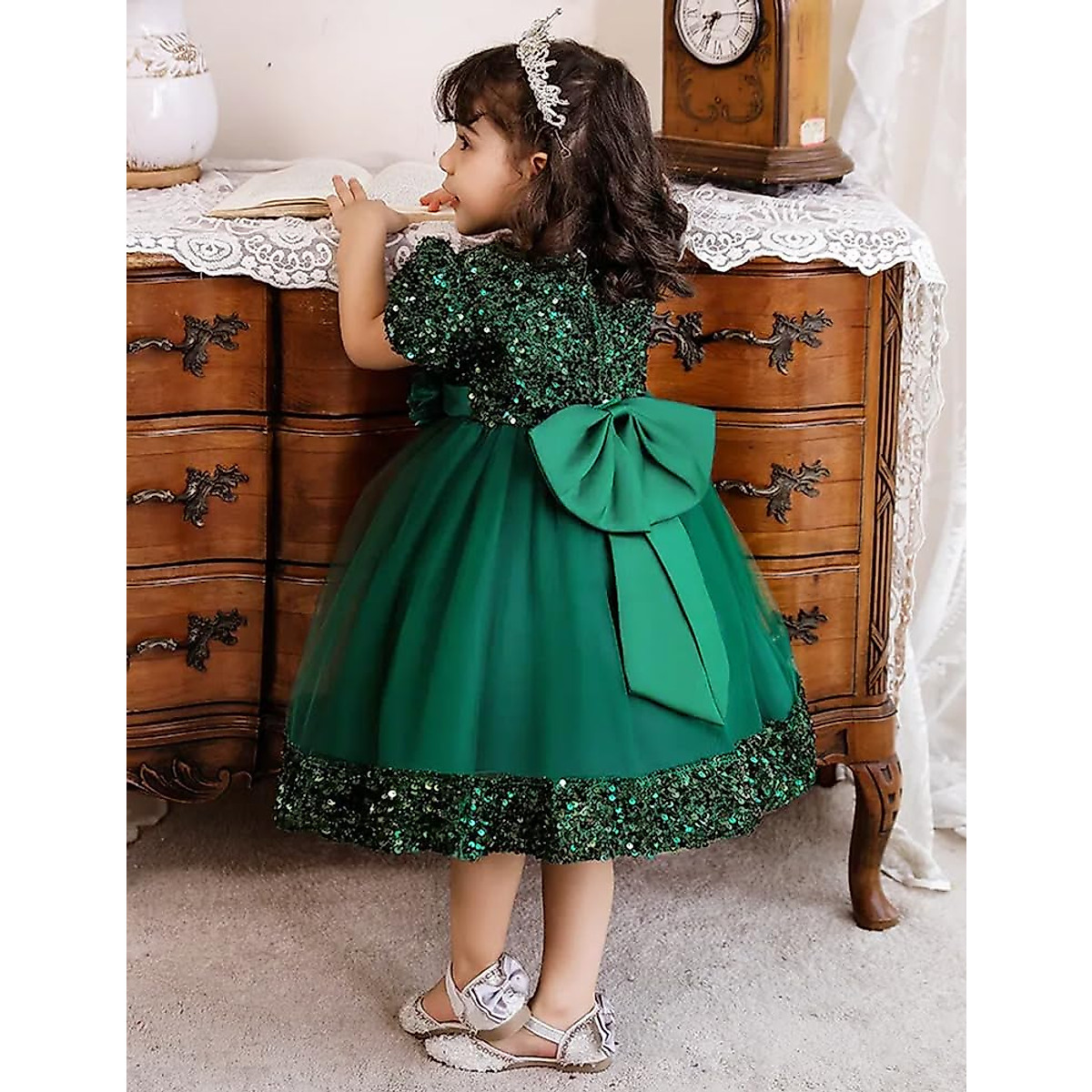 AGQT Toddler Girls Sequin Tutu Dress Big Bow-Knot Princess Short Sleeve Dress Sequin Dress for Babies Lace Birthday Party Elegant Formal Dress Green Size 12-18 Months