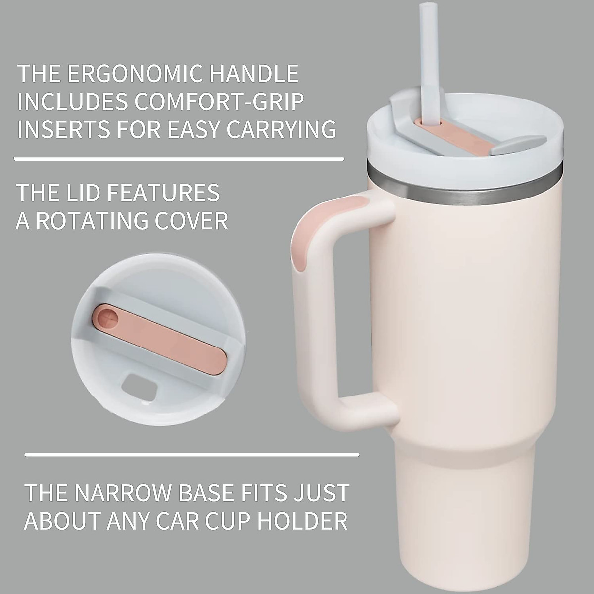 Acuewuja 40oz/1180ml Tumbler With Handle, Lid, Straw And Silicone Boot Reusable Double Wall Vacuum 18/8 Stainless Steel Coffee Travel Mug Portable Insulated Beer Cup (Rose Quartz)