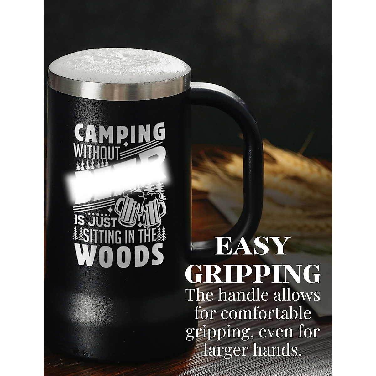 Onebttl Camping Gifts for Men, Camper, Camping Lovers - Camping Without Beer 24oz Stainless Steel Beer Mug Beer Stein Tumbler, 24oz Beer Mug with Lid