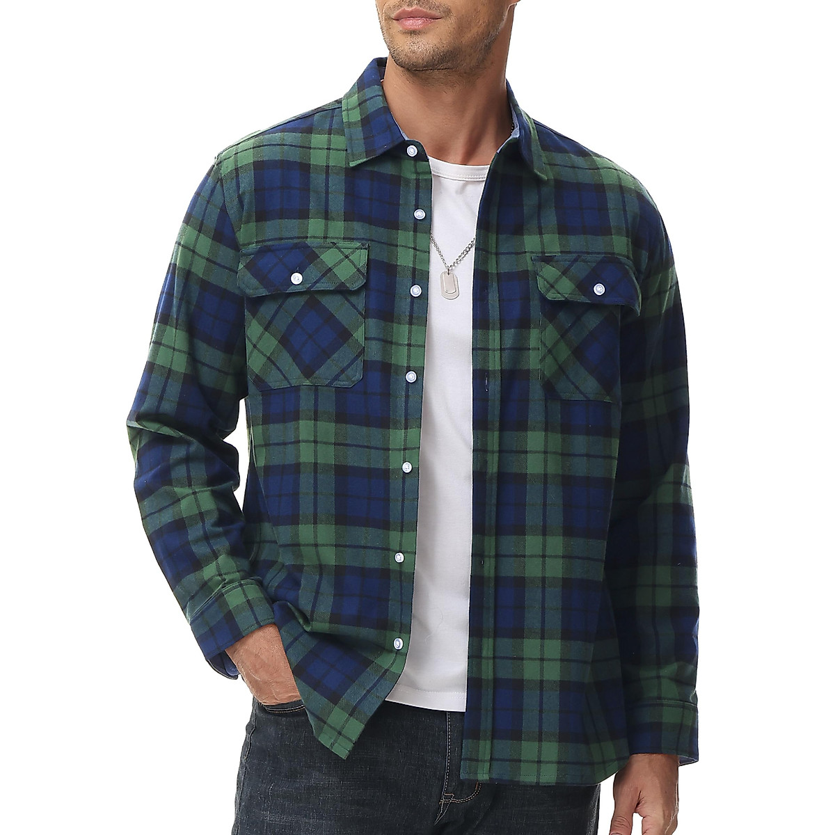 MAGCOMSEN Men's Long Sleeve Shirt Button Up Flannel Plaid Shirts Casual Work Shirts Spring Fall Shirts Green,2XL