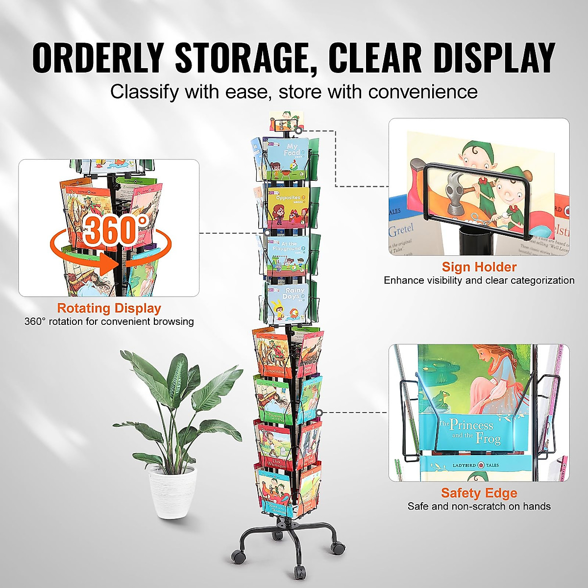 VEVOR Greeting Cards Display Rack, 32 Pockets Rotating Postcard Brochure Display Stand, 360° Spinning Card Display Rack with Sign Holder & 4 Wheels (2 Lockable) for Exhibitions Office Trade Show