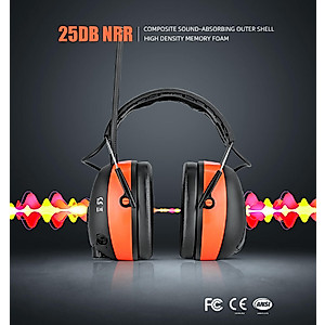 Hocazor HP033 Bluetooth 5.3 Hearing Protection AM FM Radio Headphones, 25dB NRR Noise Reduction Safety Earmuffs with 2000mAh Rechargeable Battery for Mowing Workshops, Orange
