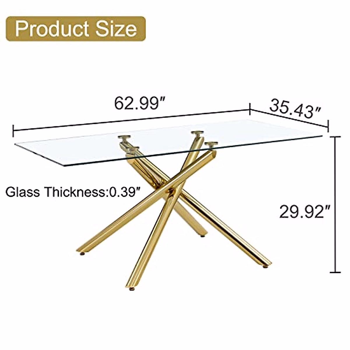 63 Inch Glass Dining Table,4-6 Person Home Dining Table Large Size Kitchen and Dining Room Table with Tempered Glass top and Gold Metal Legs, Modern Rectangular Dining Table (Gold Legs