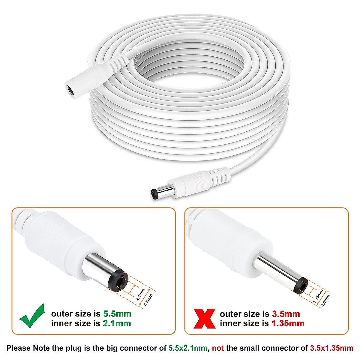 WILDHD DC Power Extension Cable 33ft 2.1mm x 5.5mm Compatible with 12v Power Adapter Extension Cable for CCTV Security Camera IP WiFi Camera Standalone DVR (33ft,5.5mm Plug, White)
