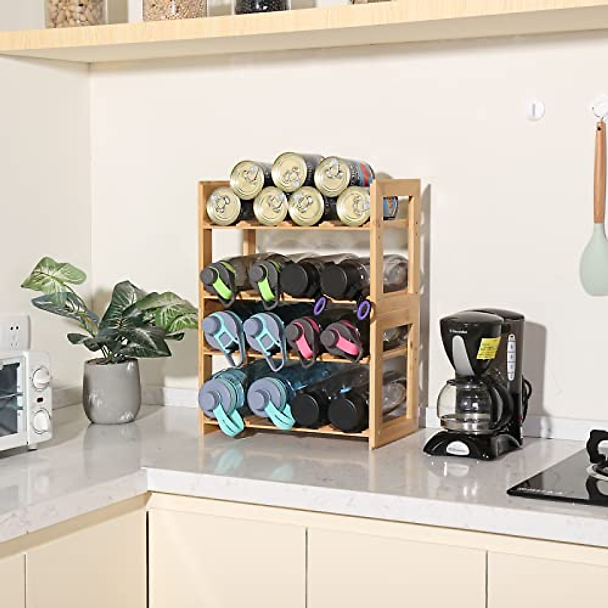 AEEHFENG Water Bottle Organizer - Stackable Bamboo Water Bottle Storage Rack for Cabinet Holds up to 16 Bottles - 4 Tier Adjustable Freestanding Cup Holder for Kitchen Countertop Pantry Organizing