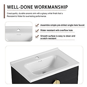 28-Inch Wall Mounted Bathroom Vanity with Sink Combo Modern Single Bathroom Vanity Set with Top Ceramic Basin & Storage Cabinet Wood Hanging Bath Cabinet w/Resin Sink for Bathroom (Black-28 Inch)