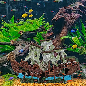UNEAK - Large Shipwreck Aquarium Decorations Ornament w/ Sail (2 Pieces) 20 Gallons high and Larger Fish Tank, Sunken Ship Decoration Ornaments, Pirate Boat, Resin, Freshwater Saltwater Decor