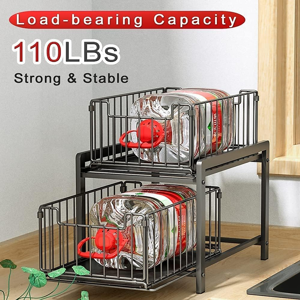 Under Sink Organizer, 2-Tier Cabinet Organizer for Kitchen Bathroom Countertop Organizer with Pull Out Basket Sliding Storage Drawer for Cupboard Cabinet (Black)