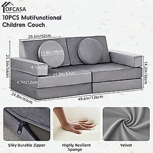 OFCASA 10PCS Modular Kids Play Couch, Toddler Baby Playroom | Bedroom Furniture for Playing, Children's Combo Sofa, Convertible Kids Sofa Couch with Soft Foam Sofa Cushions | Kids Fort Couch (Grey)