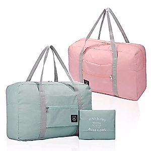Foldable Travel Duffel Bag (2 Pack), For Spirit Airlines, Weekender Overnight Bag, Tote Carry on Luggage Sport Duffle Weekender Overnight for Women and Girls (Pink Blue)
