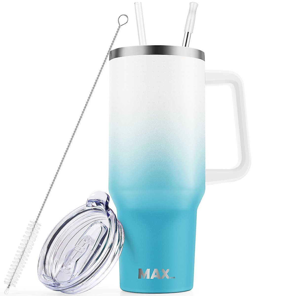 MaxBase 40 Oz Tumbler with Handle and Straw Lid, Insulated Reusable Stainless Steel Travel Mug Keeps Drinks Cold up to 34 Hours, 100% Leakproof Bottle (WhiteBlue)