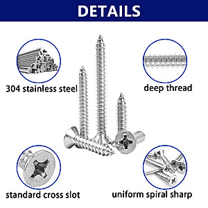 RUIQING 460Pcs 304 Stainless Steel Flat Head Phillips Wood Screws Set, Self-Tapping Sheet Metal Screws Assortment Set Contains #4#6#8#10#12