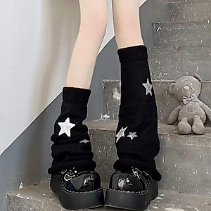 Attria Y2k Star Pattern Knitted Leg Warmers Socks Punk Japanese Kawaii Streetwear Leg Cover for Women Knee High Leg Socks (Black,one size)