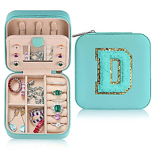 Parima Initial Jewelry Box for Women Girls, Jewelry Travel Case | Chenille Letter Patches Jewelry Box | Multifunctional Personalized Travel Jewelry Case | Birthday Gifts - Letter D, Aqua Blue