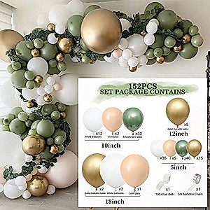 Anyshin Balloon Garland Arch Kit-152pcs White, Retro Green, Gold, Skin Latex Balloons for Baby Shower Birthday Wedding Graduation Bachelorette Anniversary Party Background Decorations