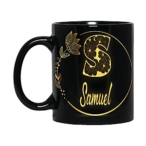 Coffee Mug Personalized Samuel Name & Initial Letter Monogram Floral Alphabet Mug Golden Flowers Custom Black Coffee Cup, Gift for Her Mom Coworker Sister, Wife, Girl 11oz Black Mug 952999