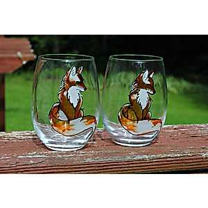 Red Fox Hand Painted Stemless Wine Glass Set of 2 Fall Farmhouse Home Decor