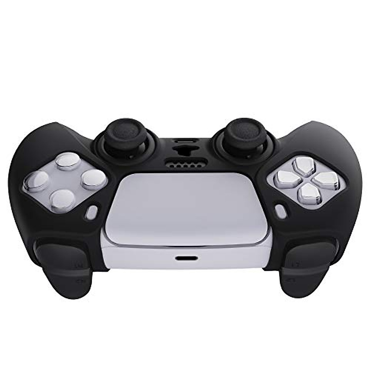 PlayVital Black Pure Series Anti-Slip Silicone Cover Skin for ps5 Controller, Soft Rubber Case for ps5 Wireless Controller with Black Thumb Grip Caps