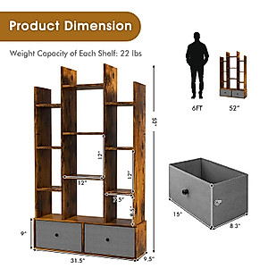 Giantex 9-Cube Bookcase with 2 Drawers - Industrial Freestanding Open Display Shelving with Anti-toppling Device, 12 Storage Shelves, Wooden Tree Shaped Bookshelf for Living Room, Rustic Brown