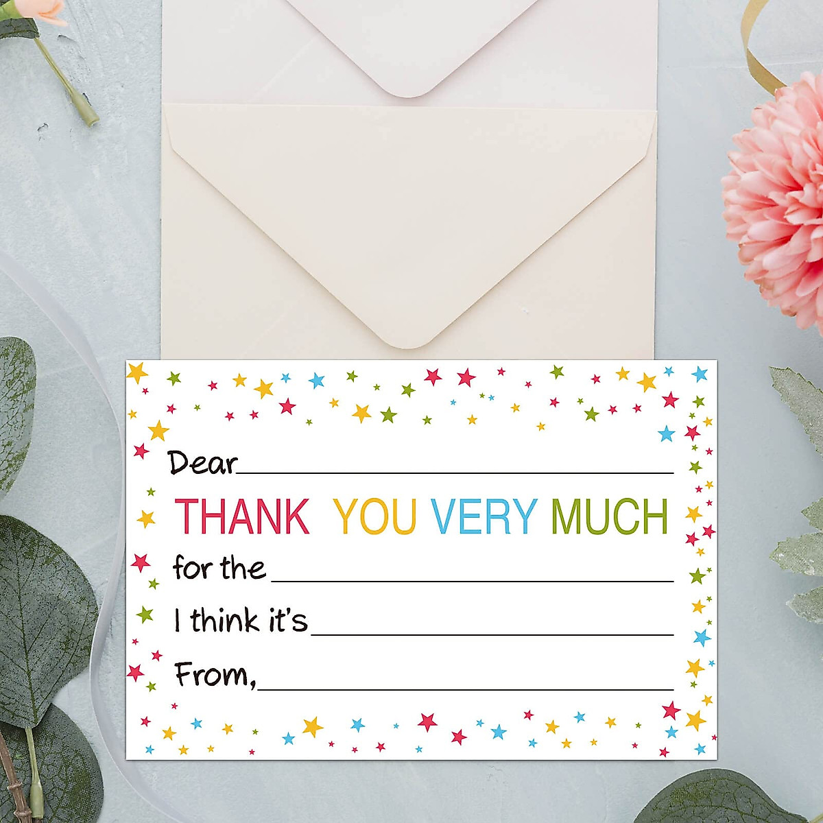 KORTTITALO Kids Fill in the Blank Thank You Postcards - Fun Thank You Notes For Boys or Girls - Colorful Thanks Cards With Envelopes -25 Card Set.