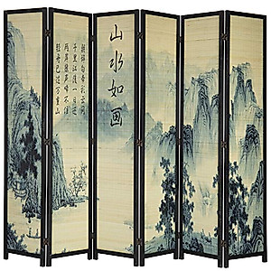 MyGift 6-Panel Bamboo Screen Freestanding Room Divider with Asian Calligraphy Artwork Design
