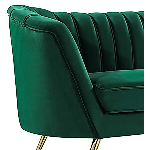 Meridian Furniture Margo Collection Modern | Contemporary Velvet Upholstered Sofa with Deep Channel Tufting and Rich Gold Stainless Steel Legs, Green, 88" W x 30" D x 33" H
