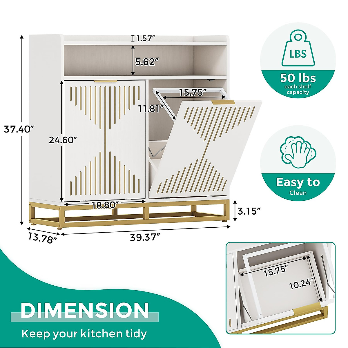 Condemo Double Tilt Out Trash Cabinet, Modern 20 Gallon Trash Bin Cabinets, Freestanding Recycling Cabinet, Storage Cabinet for Kitchen, Dining Room, Laundry, White and Gold (No Trash Can)