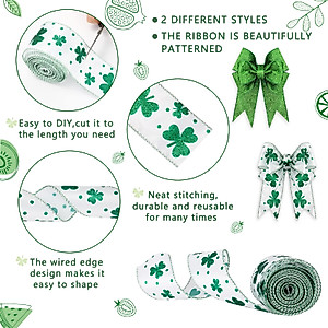 Whaline 2 Rolls St Patrick's Day Wired Ribbon Glitter Green Stain White Shamrock Craft Ribbons Linen Like Polyester Wrapping Ribbon for Home Craft Decoration Gift Bow Party Supply 2.5 Inch x 10 Yards