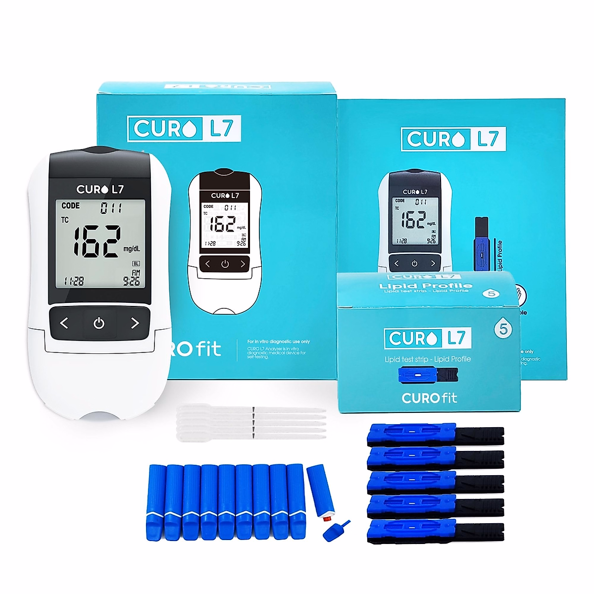 CURO L7 - Professional Home Cholesterol Testing with Lipid Blood Test Kit - Easy to Use, Accurate Results, Comprehensive Breakdown, Memory Storage, and Exceptional Support