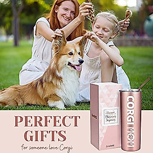 Onebttl Corgi Skinny Tumbler Gifts For Women, Female, Her and Corgi lovers - Corgi Mom - 20oz/590ml Stainless Steel Insulated Tumbler with Straw, Lid, Message Card - (Rose gold)