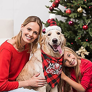 3 Pieces Christmas Dog Decoration Set, 1 Buffalo Plaid Dog Bandana Puppy Triangle Scarf 1 Pet Bow Tie with Bell 1 Christmas Dog Hat for Puppy Cat Pet Small Medium Large Dog(Black Red)