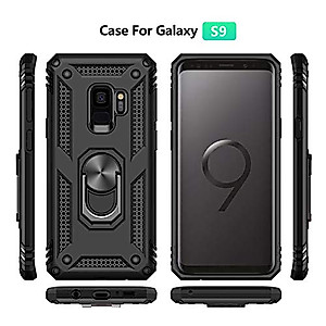 Androgate for Samsung Galaxy S9 Case with HD Screen Protectors, Military-Grade Metal Ring Holder Kickstand 15ft Drop Tested Shockproof Cover Case for Samsung Galaxy S9 (2018), Black