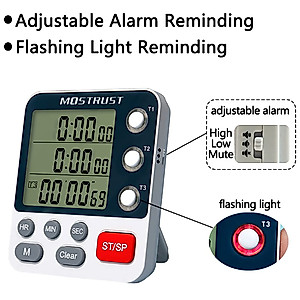 MOSTRUST Digital Dual Kitchen Timer, 3 Channels Count UP/Down Timer, Cooking Timer, Large Display Triple Timer, Loud Volume Alarm and Flashing Light with Magnetic Back, Stand, Battery Included (M318)