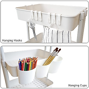 CAXXA 3-Tier Rolling Storage Organizer with 3 Small Baskets - Mobile Utility Cart with Caster Wheels (White)