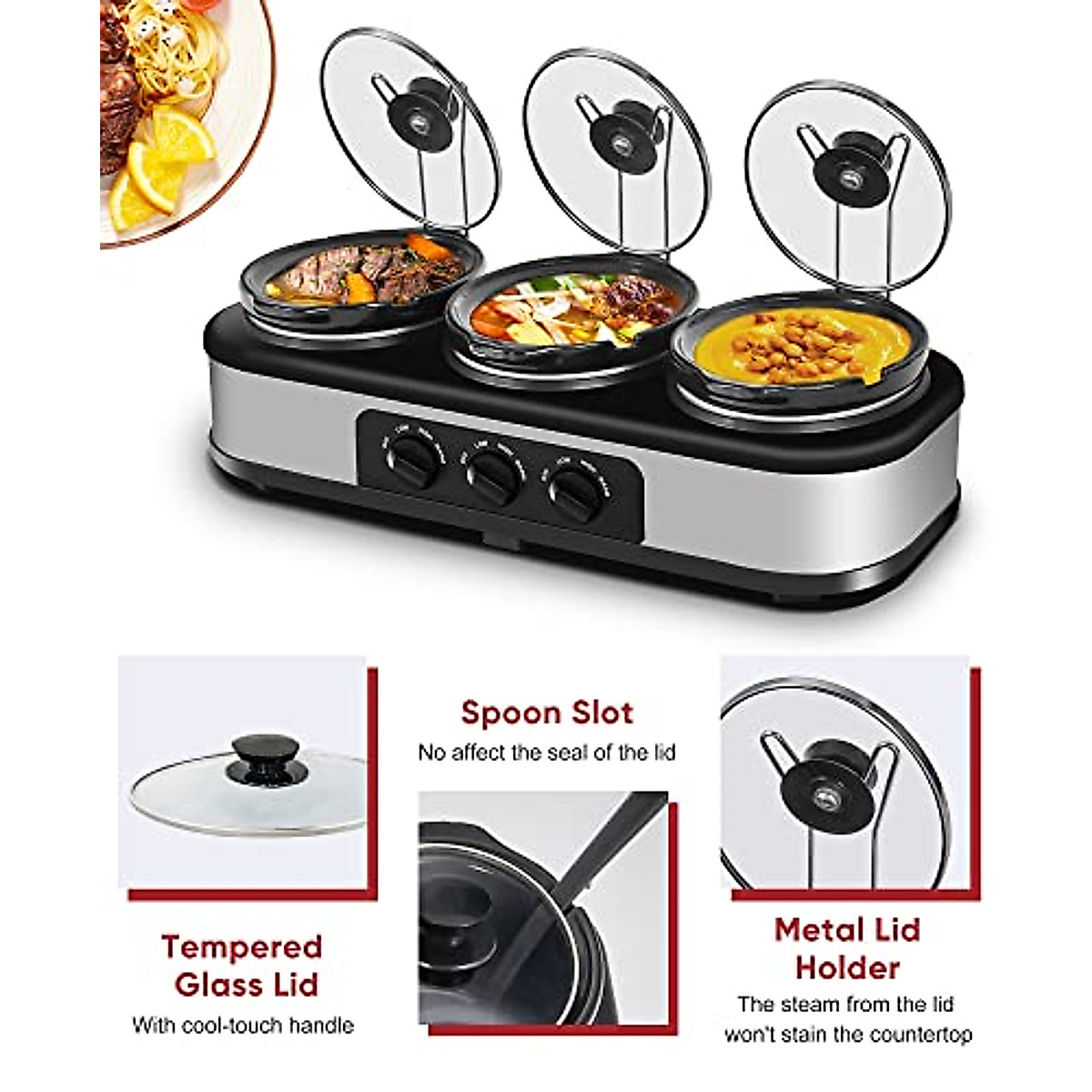Triple Slow Cooker with Lid Rests, Breakfast Buffet Servers and Warmers with 3 X 1.5Qt, Tempered glass lids & 3 Adjustable Temp, Dishwasher Safe, Stainless Steel