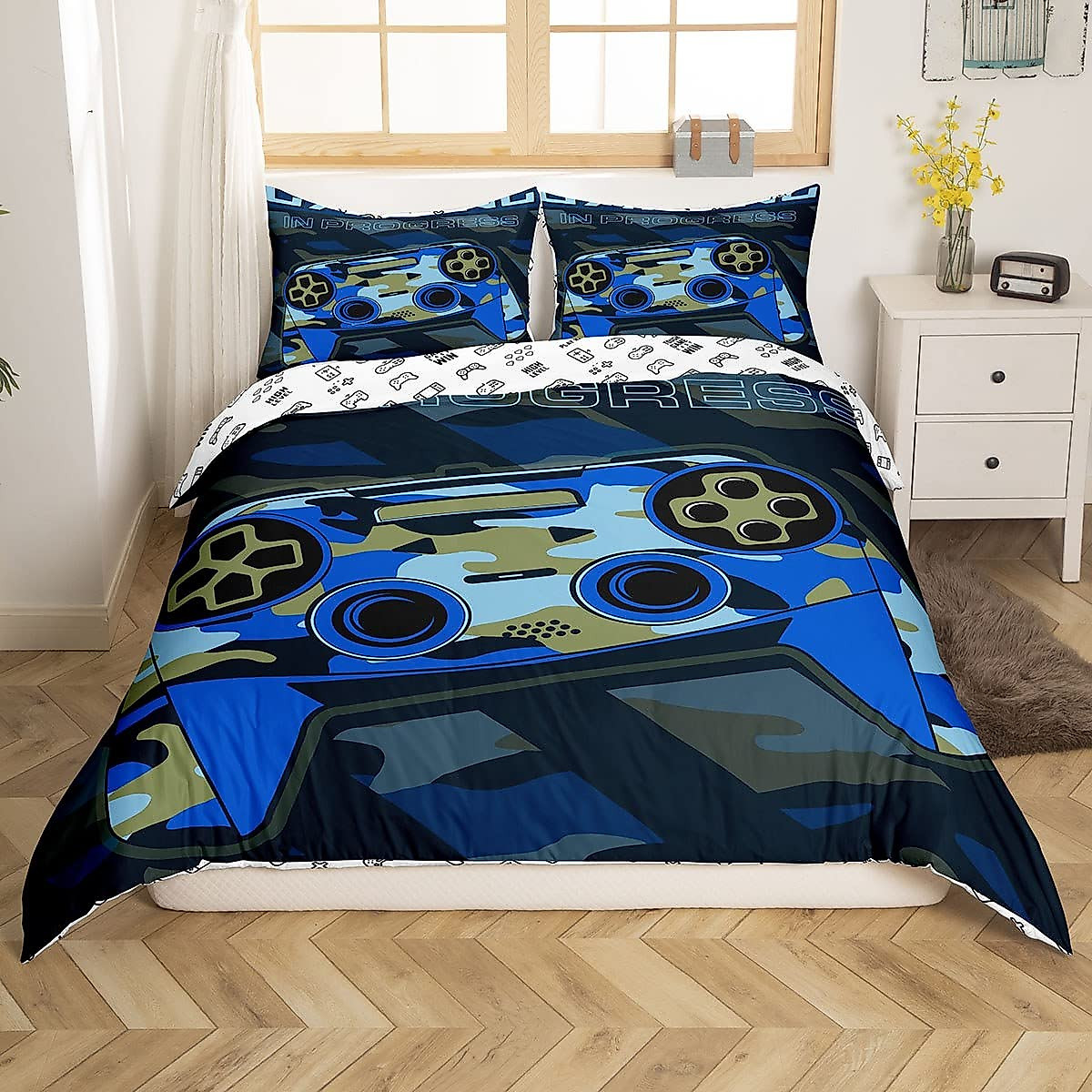 Feelyou Games Comforter Cover Twin Size,Gamepad Bedding Set for Boys,Kids Video Games Duvet Cover Set Modern Gamer Console Action Buttons Quilt Cover Teens Bedroom Decor Camo Navy Blue 2 Pcs