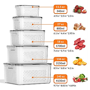5 PCS Large Fruit Storage Containers for Fridge with Removable Colanders, Airtight Food Storage Containers with 5 Lids, 4 in 1 Produce Containers Keep Berry Fruits Vegetable Food Meat Fresh Longer