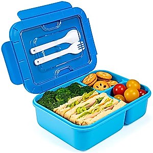 Caperci Premium Bento Box Adult Lunch Box for Older Kids - Leakproof 44 oz 3-Compartment Lunch Containers for Adults and Teens, Ergonomic Design, Built-in Utensil Set & BPA Free (Blue)